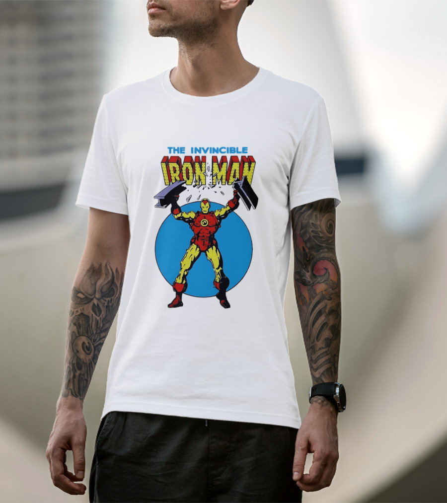 The Invincible Iron Man Bending Iron Bar Marvel Comic T-Shirt