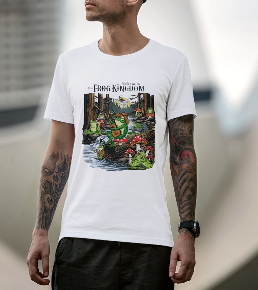 Frog Playing Guitar Forest Gathering Welcome To The Frog Kingdom T-Shirt