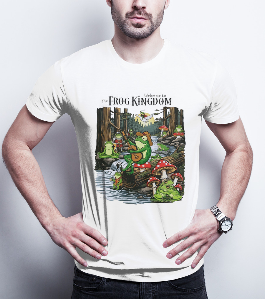 Frog Playing Guitar Forest Gathering Welcome To The Frog Kingdom T-Shirt