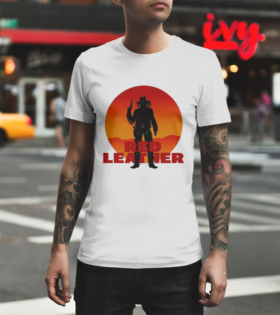 Red Leather Cowboy Sunset Silhouette With Gun And Hat In Desert T-Shirt