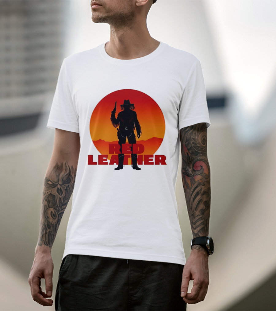 Red Leather Cowboy Sunset Silhouette With Gun And Hat In Desert T-Shirt