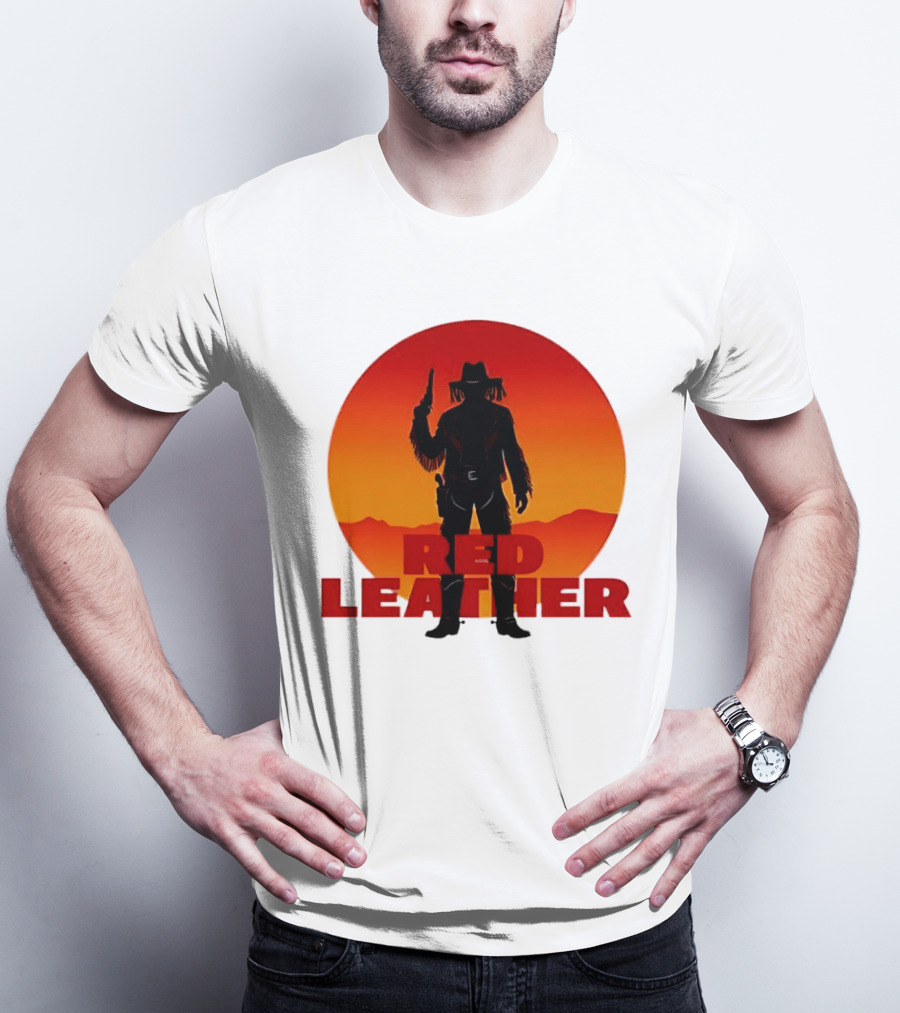 Red Leather Cowboy Sunset Silhouette With Gun And Hat In Desert T-Shirt