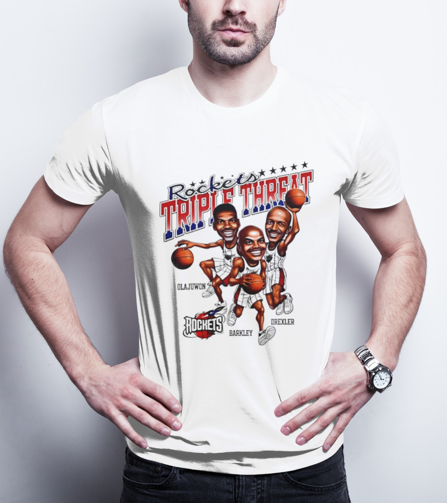 Hakeem Olajuwon Charles Barkley Clyde Drexler Rockets Triple Threat NBA Legends T-Shirt
