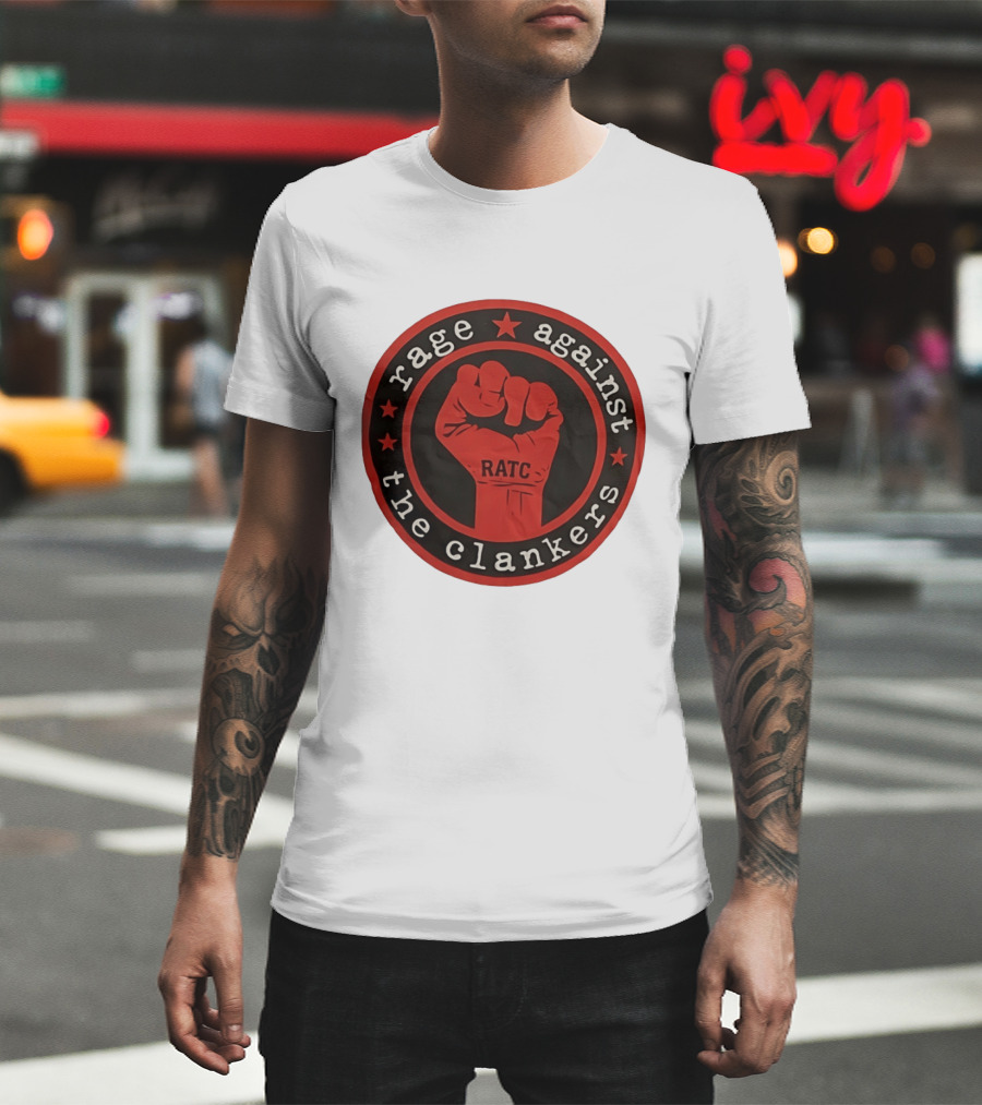 Rage Against The Clankers RATC Fist Emblem With Stars T-Shirt