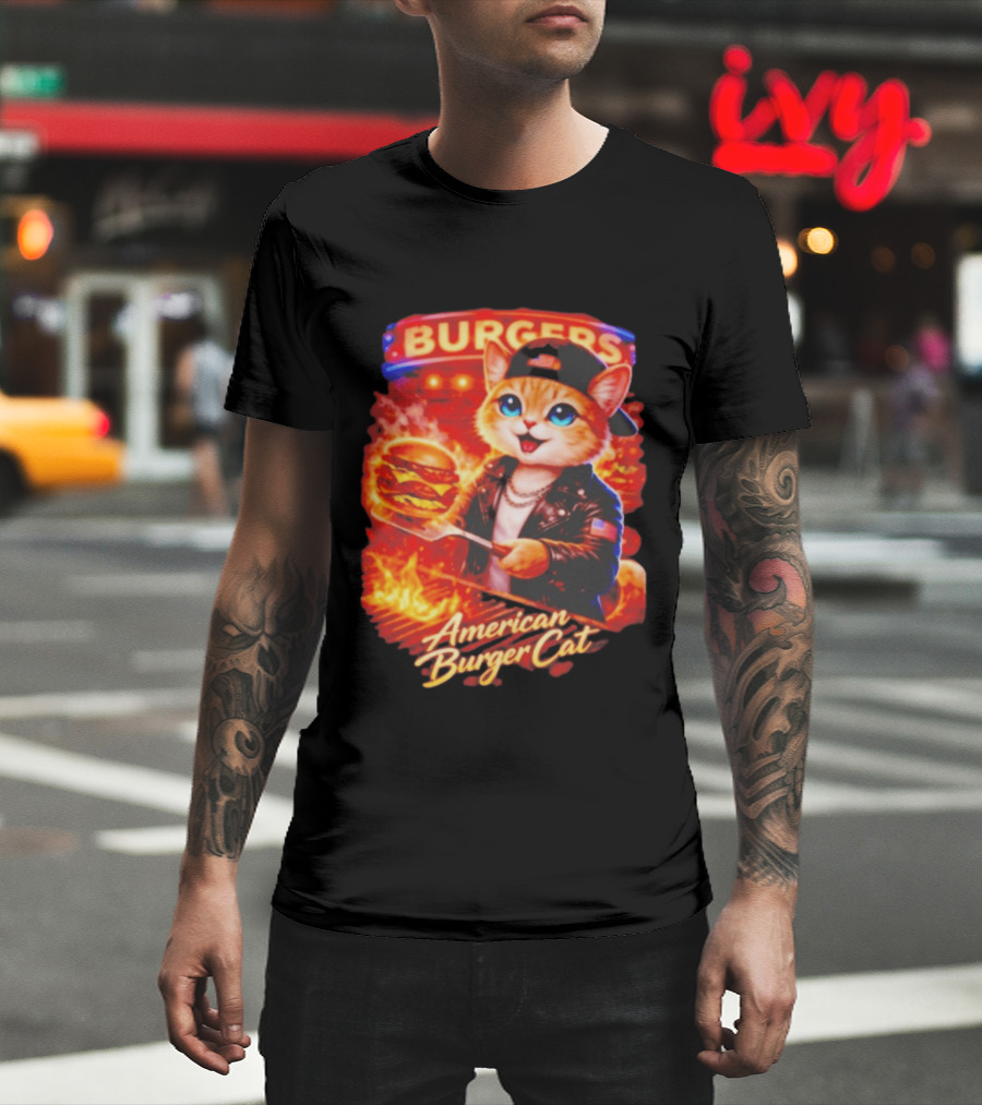 Burgers Flame Grilling American Burger Cat Fun T-Shirt