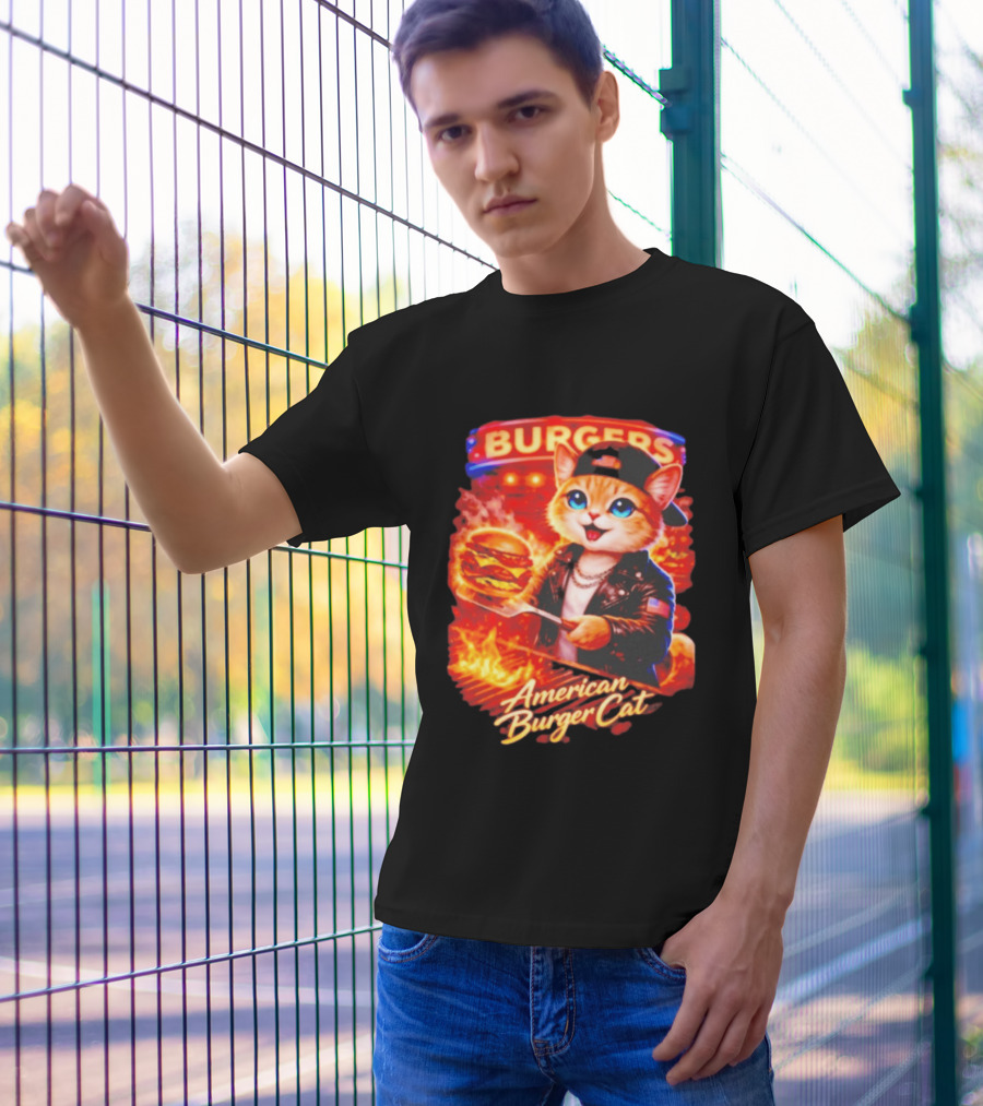 Burgers Flame Grilling American Burger Cat Fun T-Shirt