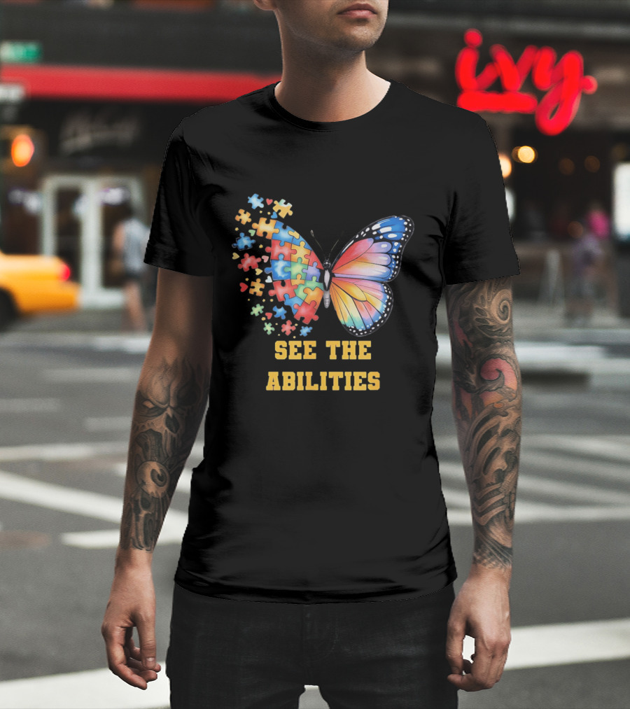 Butterfly Puzzle Pieces Autism Awareness See The Abilities T-Shirt