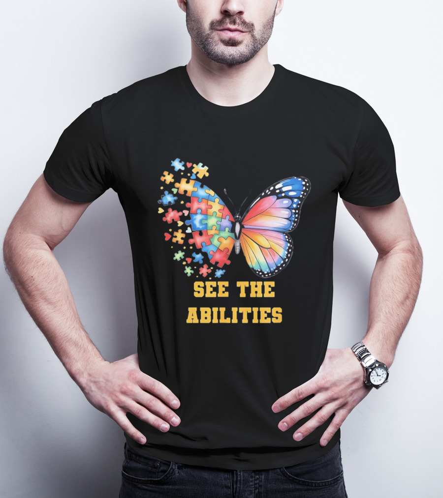 Butterfly Puzzle Pieces Autism Awareness See The Abilities T-Shirt