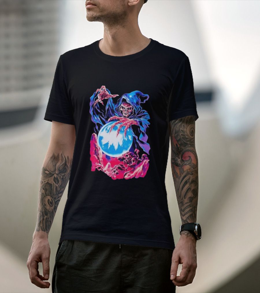 Grim Reaper Crystal Ball Skull Mystical Skeleton Hooded Cloak T-Shirt