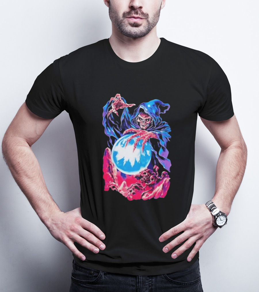 Grim Reaper Crystal Ball Skull Mystical Skeleton Hooded Cloak T-Shirt
