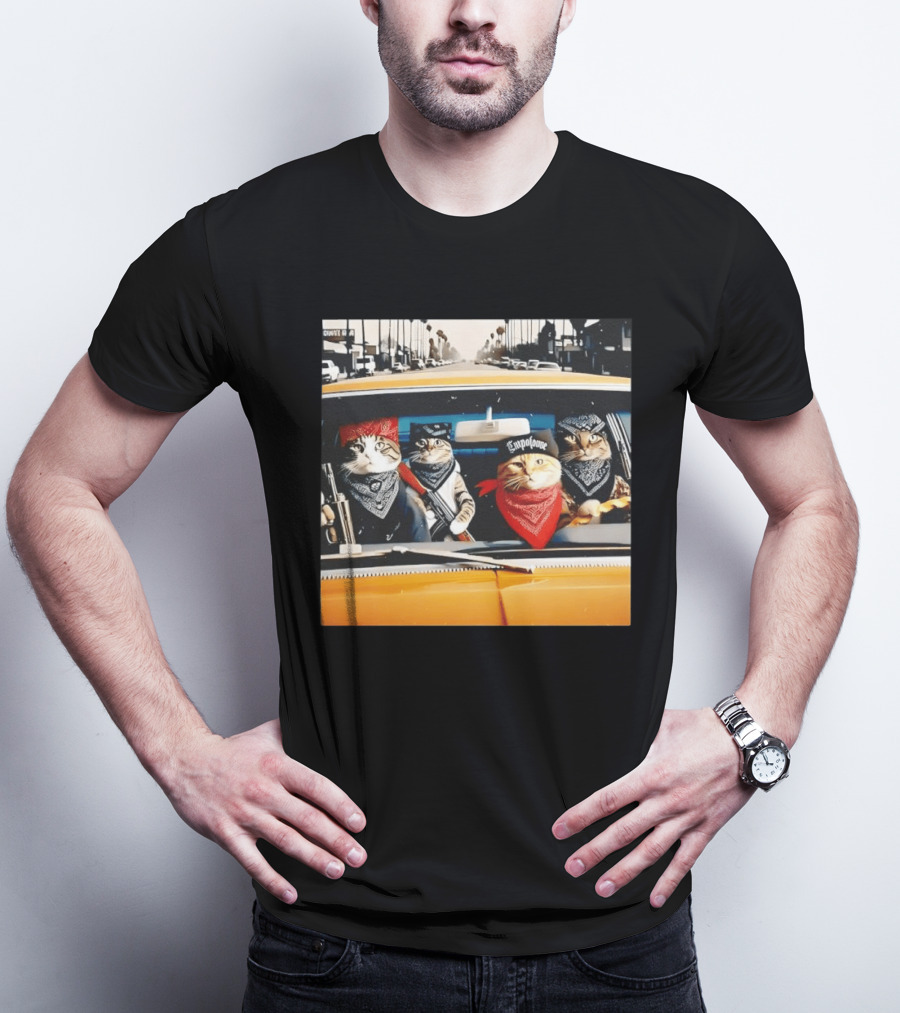 Gangster Cats In Lowrider Car With Bandanas And Guns T-Shirt
