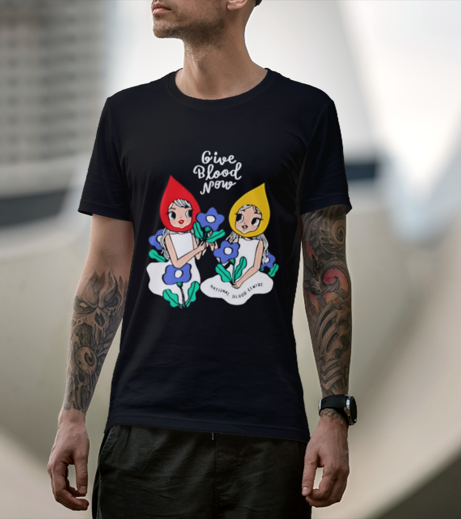 Give Blood Now National Blood Centre Cartoon Girls With Flowers T-Shirt