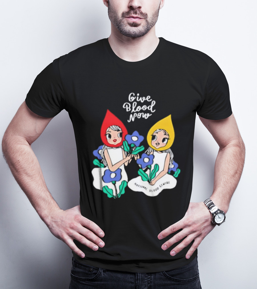 Give Blood Now National Blood Centre Cartoon Girls With Flowers T-Shirt