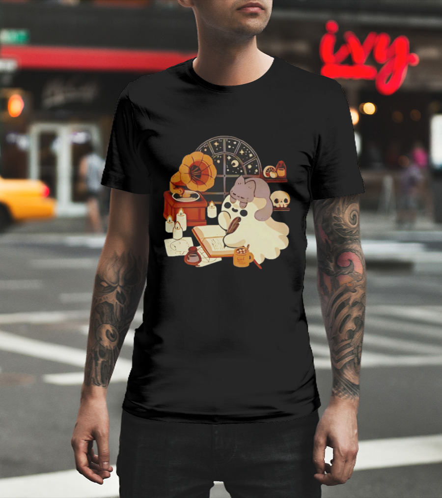 Ghost Cat Listening To Phonograph Under Night Sky While Writing T-Shirt