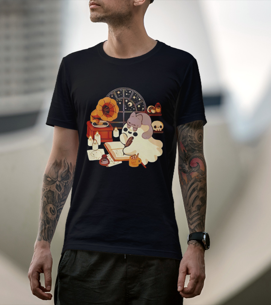 Ghost Cat Listening To Phonograph Under Night Sky While Writing T-Shirt