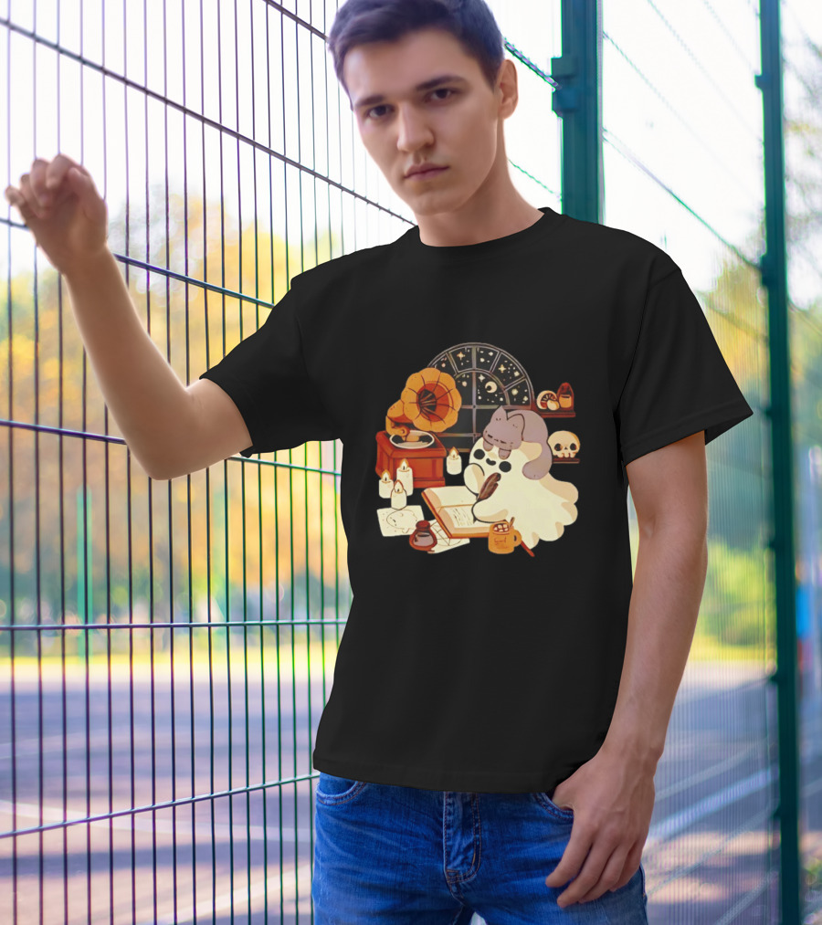 Ghost Cat Listening To Phonograph Under Night Sky While Writing T-Shirt