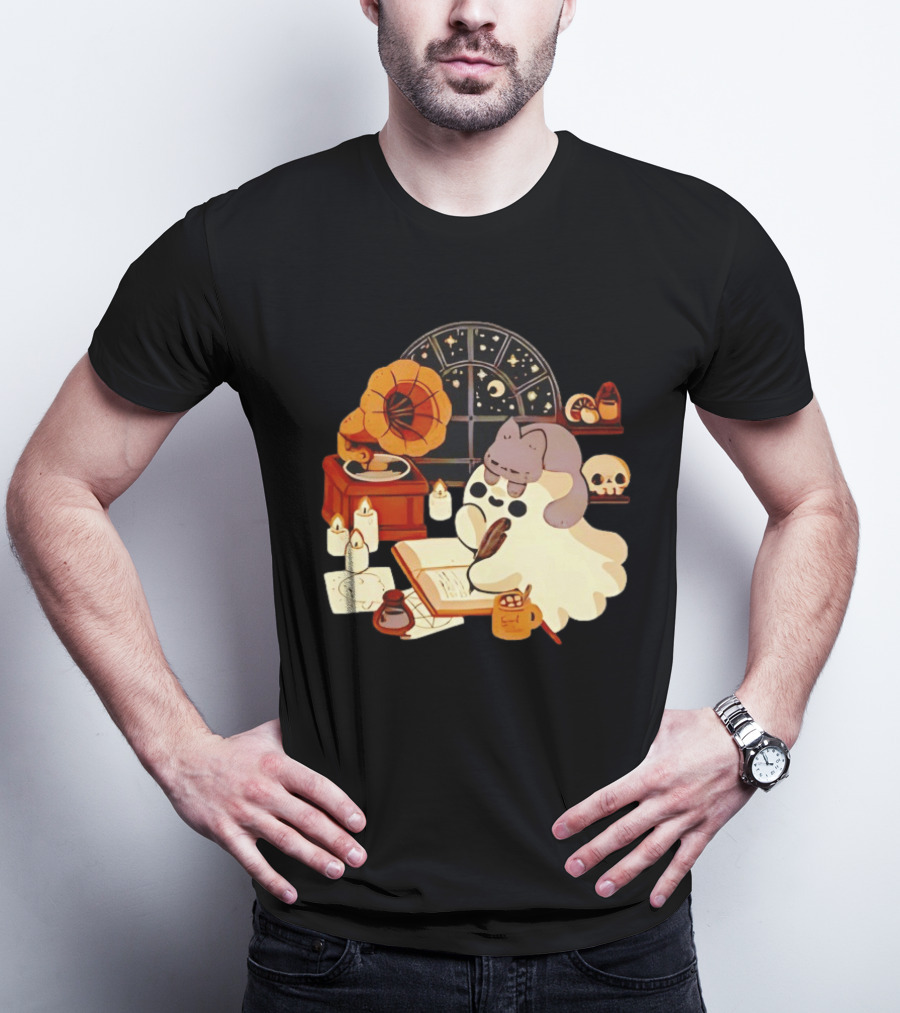 Ghost Cat Listening To Phonograph Under Night Sky While Writing T-Shirt