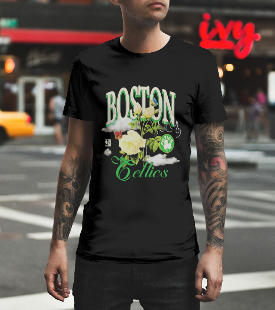 Boston Celtics Floral Roses With Butterfly And Shamrock T-Shirt