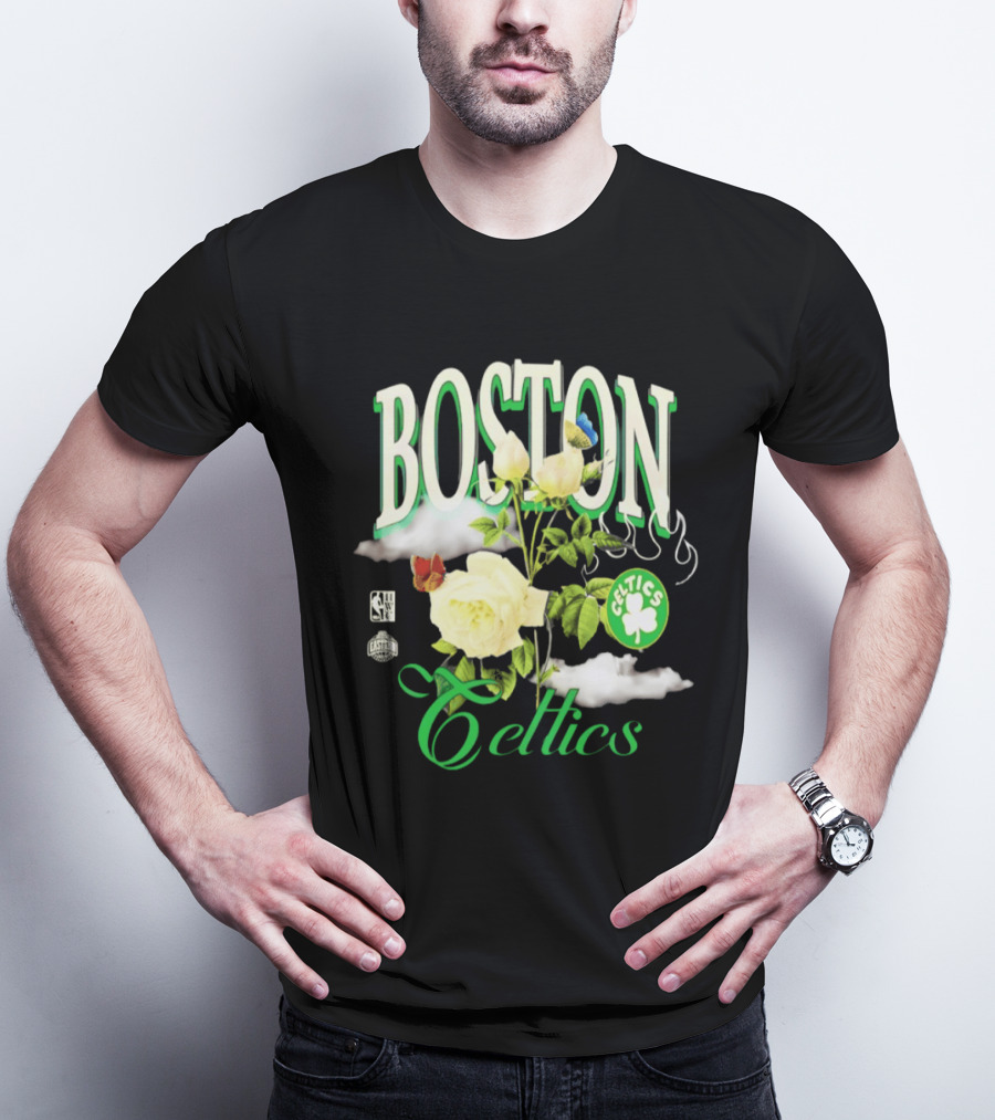 Boston Celtics Floral Roses With Butterfly And Shamrock T-Shirt