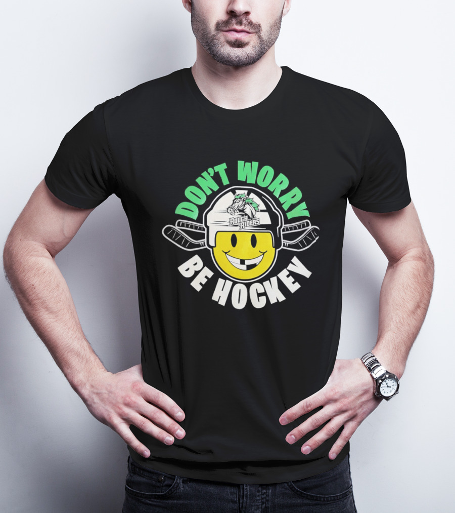 Don't Worry Be Hockey Cedar Rapids RoughRiders Smiley Face Helmet Rugged Fun T-Shirt