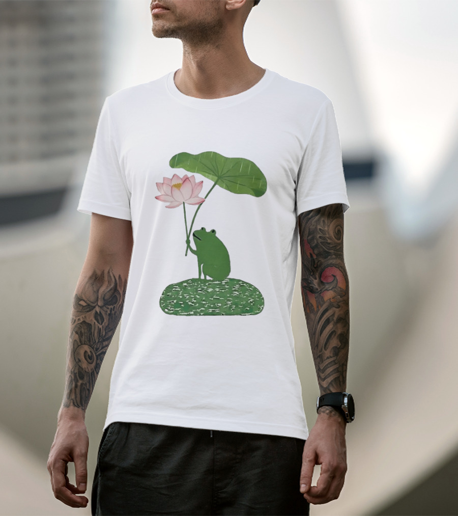 Frog With Lotus Umbrella Under The Rain Meme Cute Nature Scene T-Shirt
