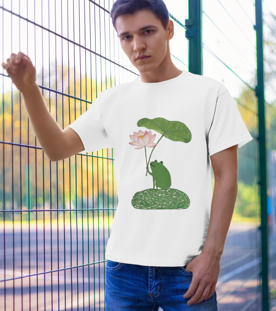 Frog With Lotus Umbrella Under The Rain Meme Cute Nature Scene T-Shirt