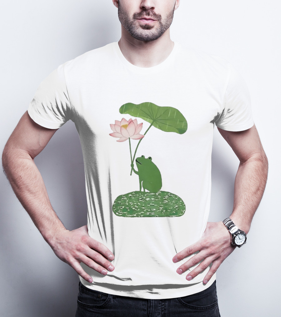 Frog With Lotus Umbrella Under The Rain Meme Cute Nature Scene T-Shirt