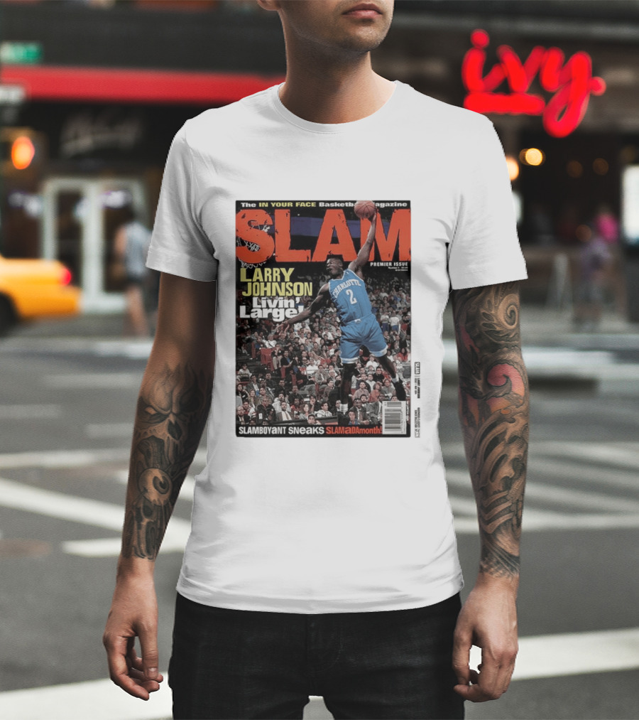 Basketball Magazine Slam Larry Johnson Premier Issue Livin Large Charlotte T-Shirt