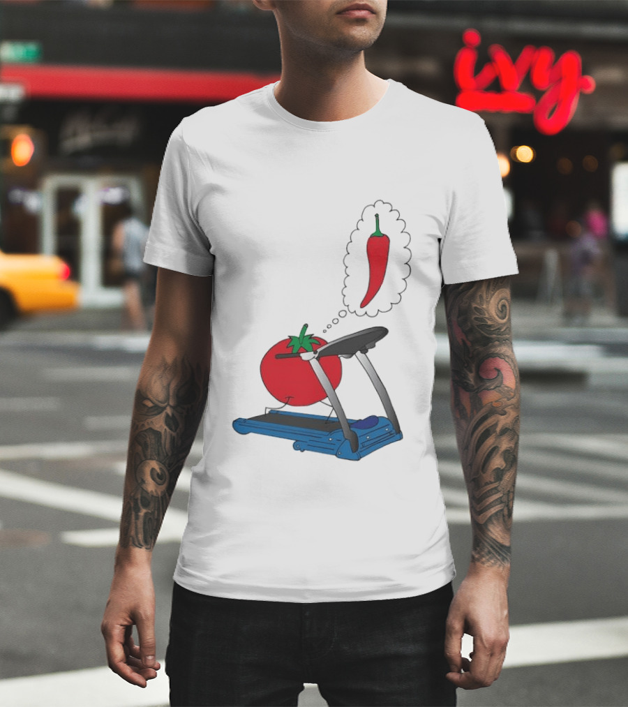 Tomato Dreaming Of Chili On Treadmill Funny Food Meme T-Shirt