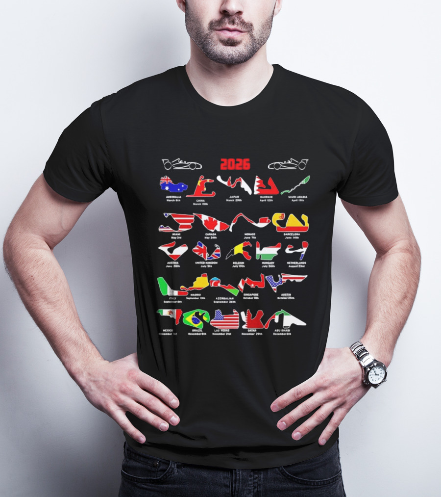 Formula Racing 2026 Circuit Map With International Flags And Track Layouts T-Shirt