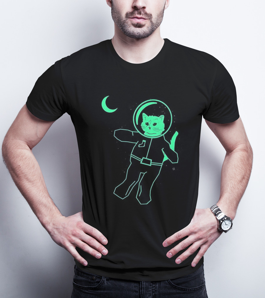 Glow In The Dark Astronaut Neon Cat With Moon Phases T-Shirt