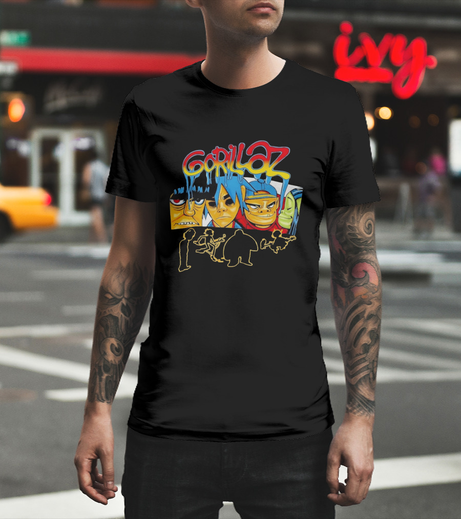 Gorillaz Band Characters Face Art And Silhouette Outlines T-Shirt