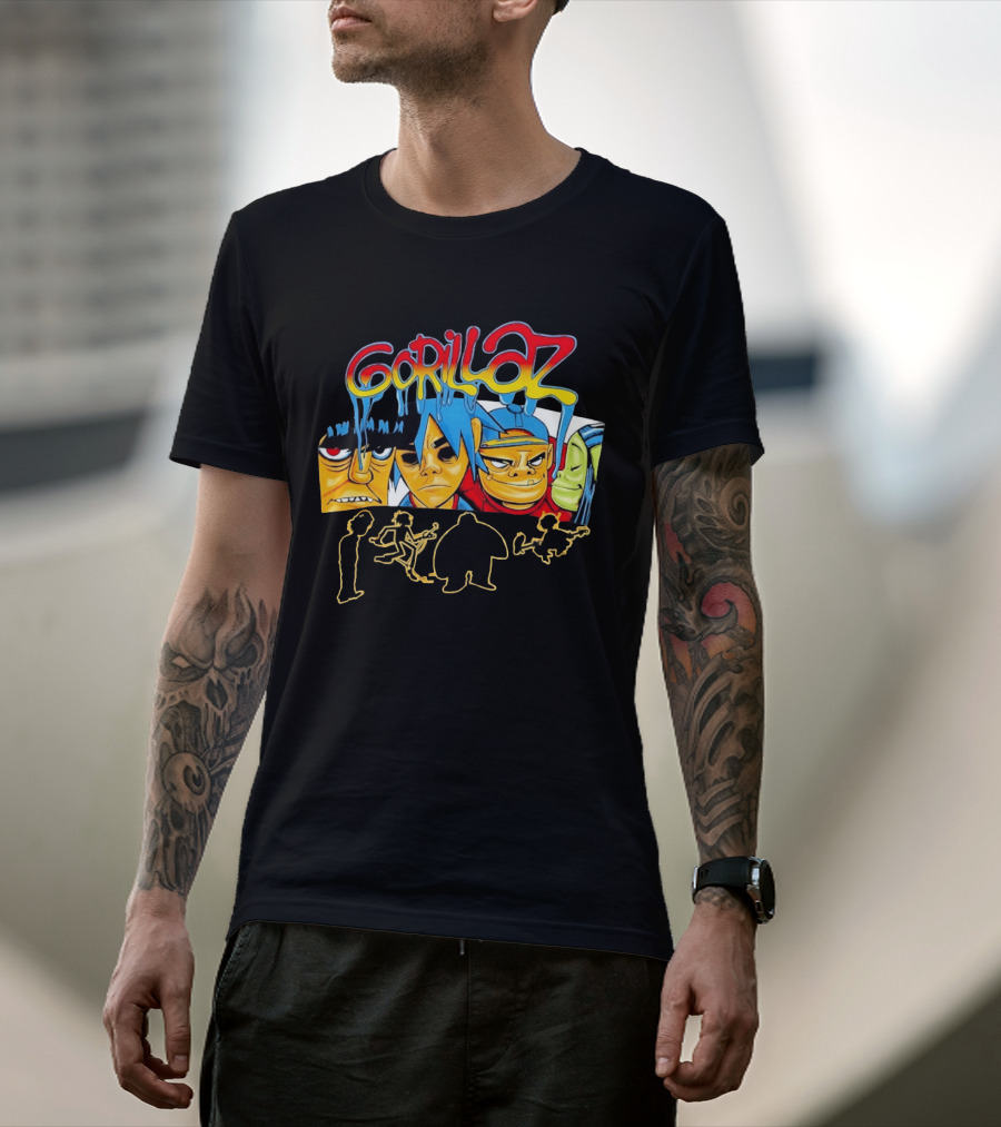Gorillaz Band Characters Face Art And Silhouette Outlines T-Shirt