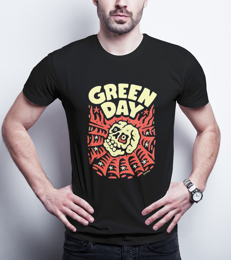 Green Day Skull Spider Red And Cream T-Shirt
