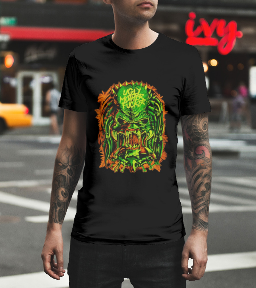 Predator Ugly Mother Fucker Alien Mask Neon Green And Orange T-Shirt