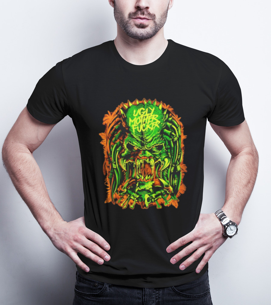 Predator Ugly Mother Fucker Alien Mask Neon Green And Orange T-Shirt