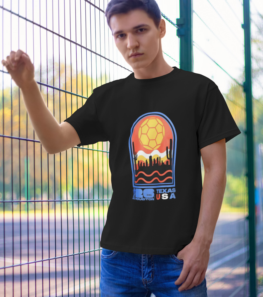 Texas USA FIFA 2026 Houston Skyline Cactus Sunset Soccer Ball T-Shirt
