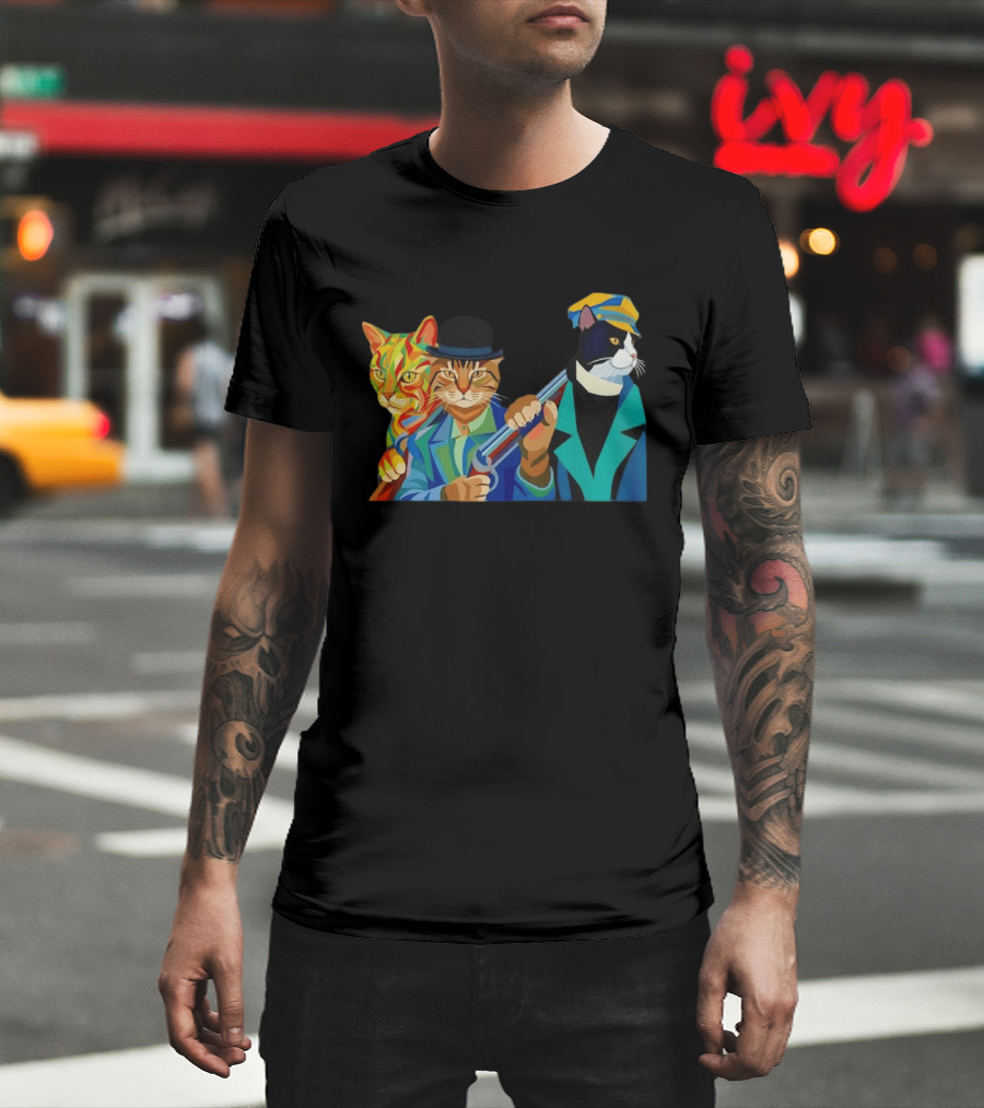 Three Cats Jazz Band Colorful Feline Musicians With Suits And Instruments T-Shirt