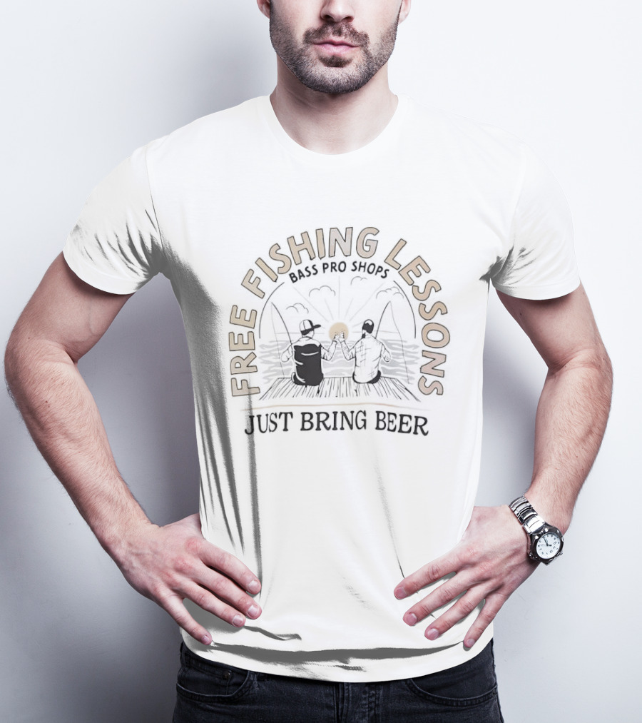 Free Fishing Lessons Bring Beer Lake Dock Scene T-Shirt