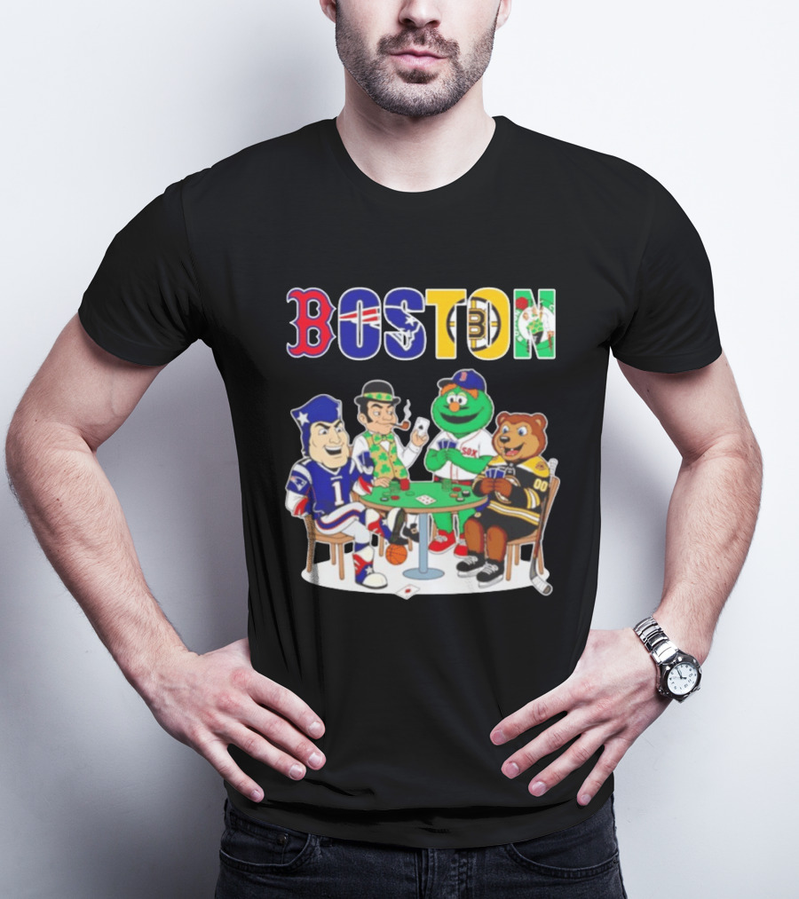 Boston Teams Playing Cards Patriots Red Sox Celtics Bruins Logos T-Shirt