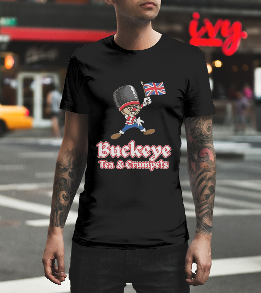 Buckeye Tea And Crumpets British Guard Cartoon With Union Jack Flag T-Shirt