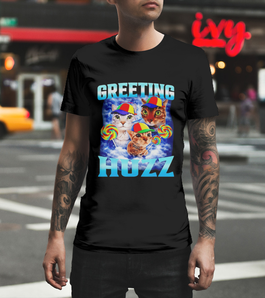 Greeting Huzz Cat Meme With Lollipops And Colorful Hats T-Shirt