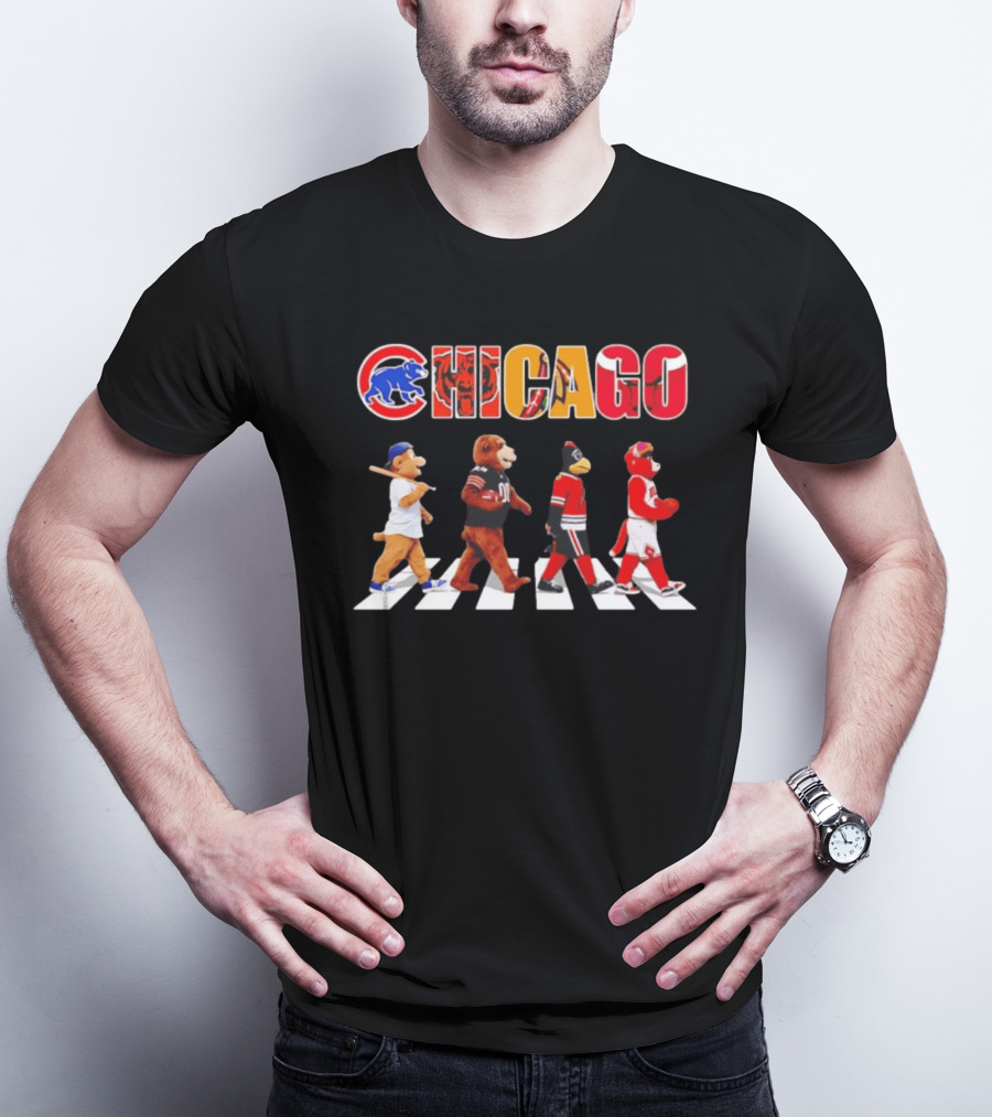 Chicago Cubs Bears Blackhawks Bulls Mascots Crossing Abbey Road T-Shirt