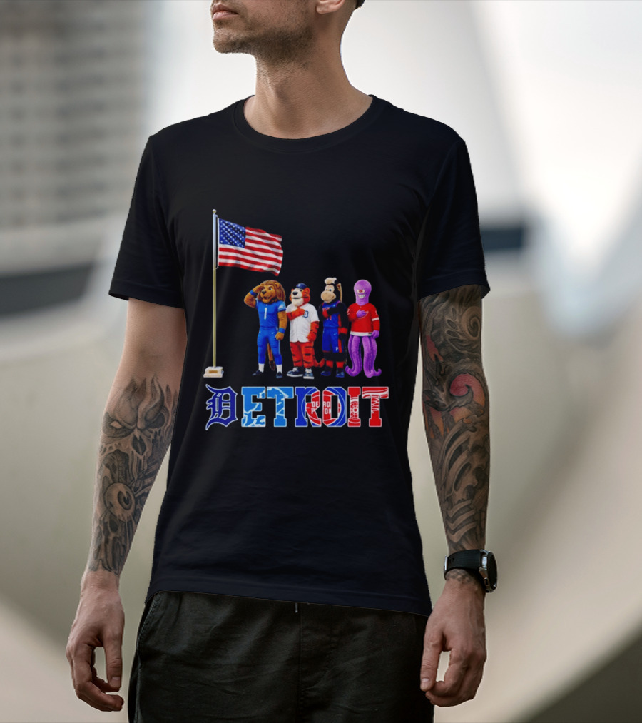 Detroit Mascots Salute American Flag T-Shirt