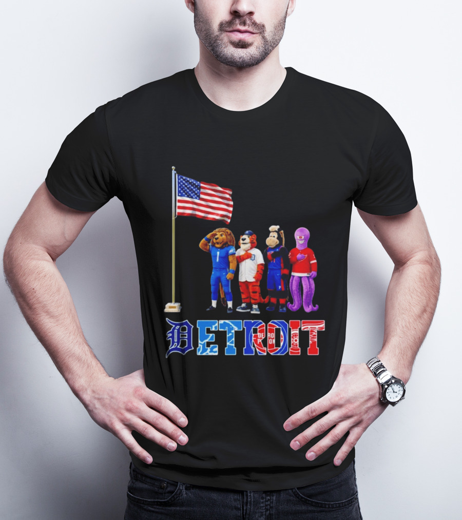 Detroit Mascots Salute American Flag T-Shirt