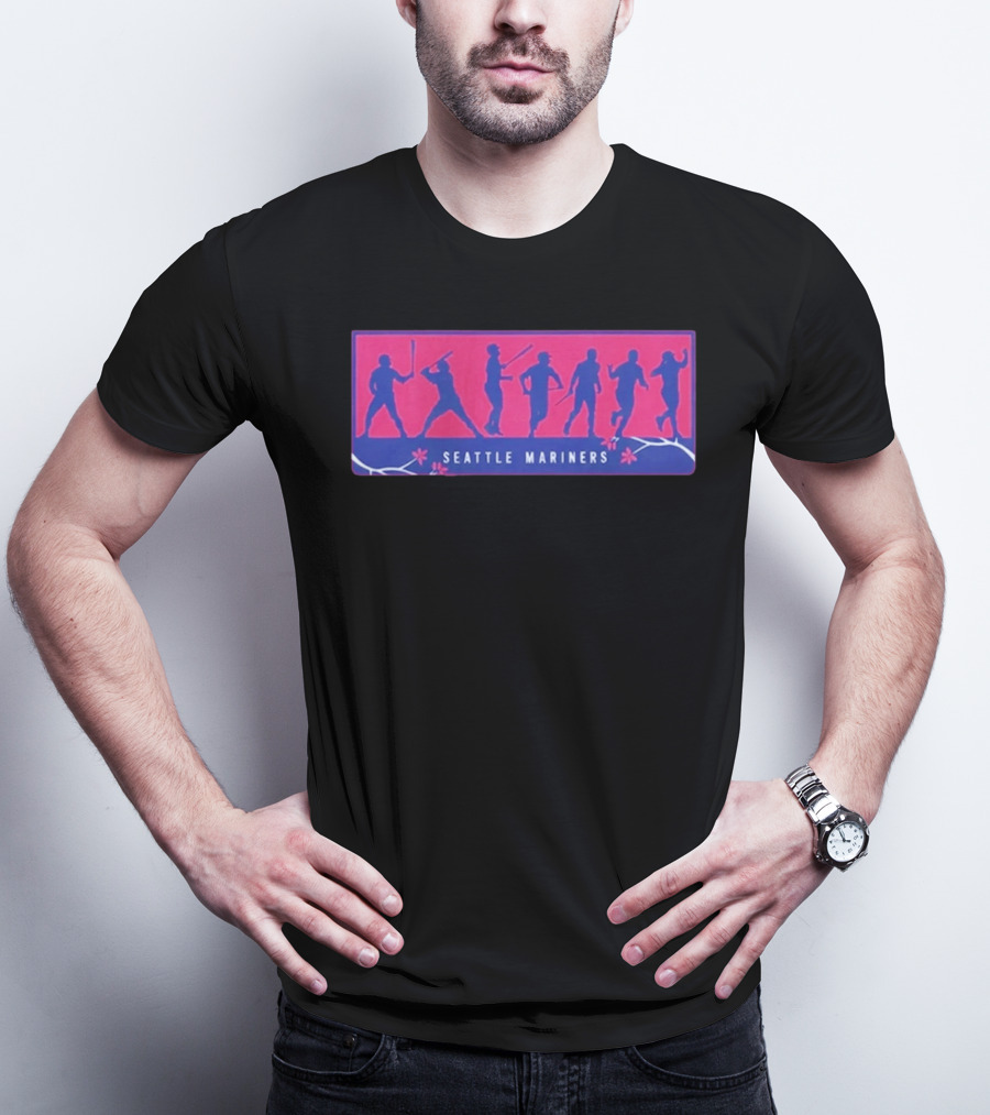 Seattle Mariners Anime Day Silhouettes Baseball Players Sakura Blossoms T-Shirt