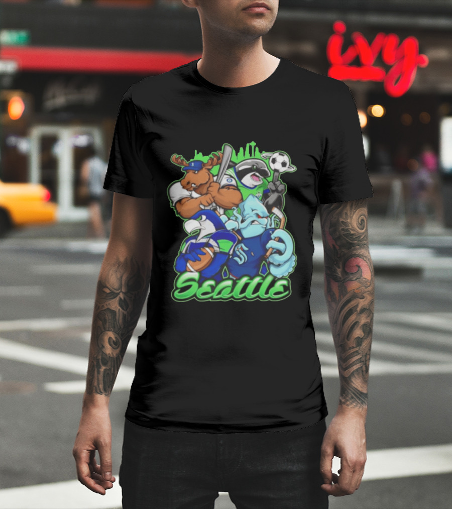 Seattle Seahawks Mariners Sounders Skyline Sports Fans T-Shirt