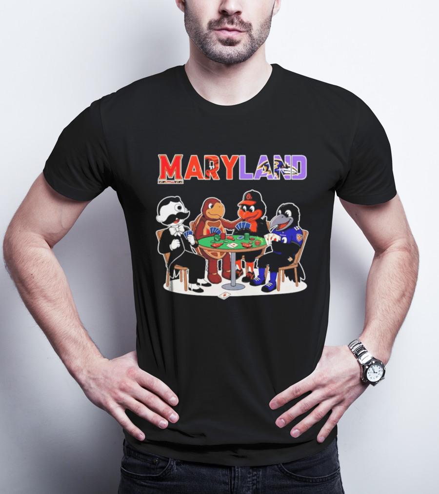 Maryland Mascots Playing Poker With Natty Boh, Orioles, Ravens, And Terrapins T-Shirt