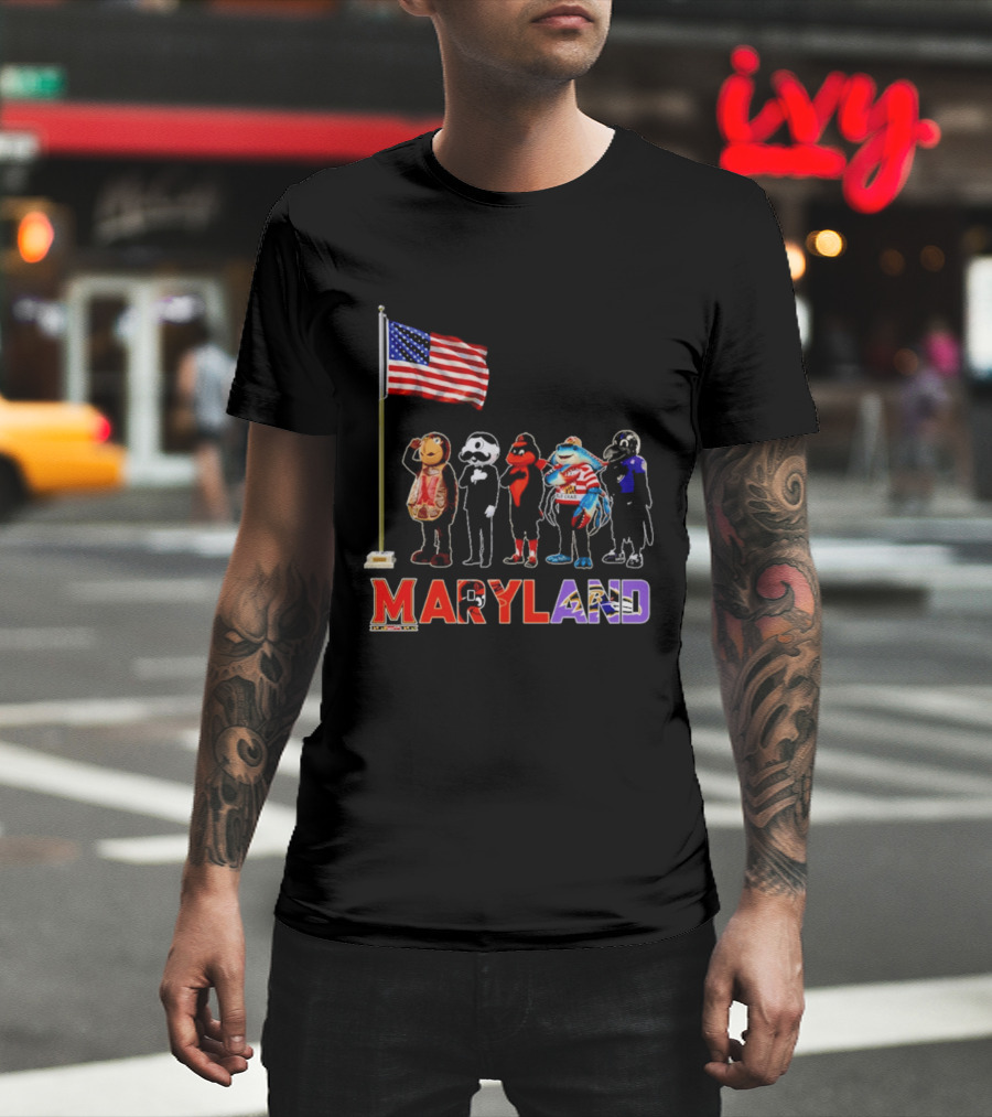Maryland Mascots Saluting American Flag T-Shirt