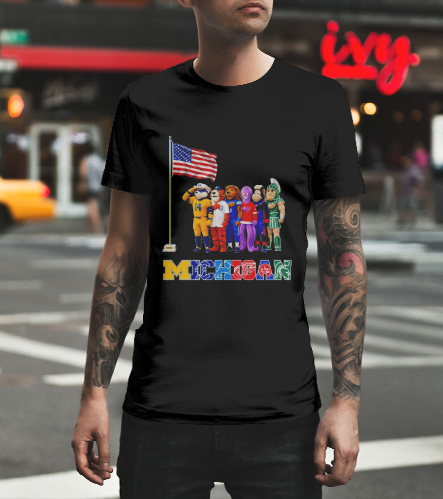 Patriotism In Michigan Sports Mascots Saluting American Flag T-Shirt